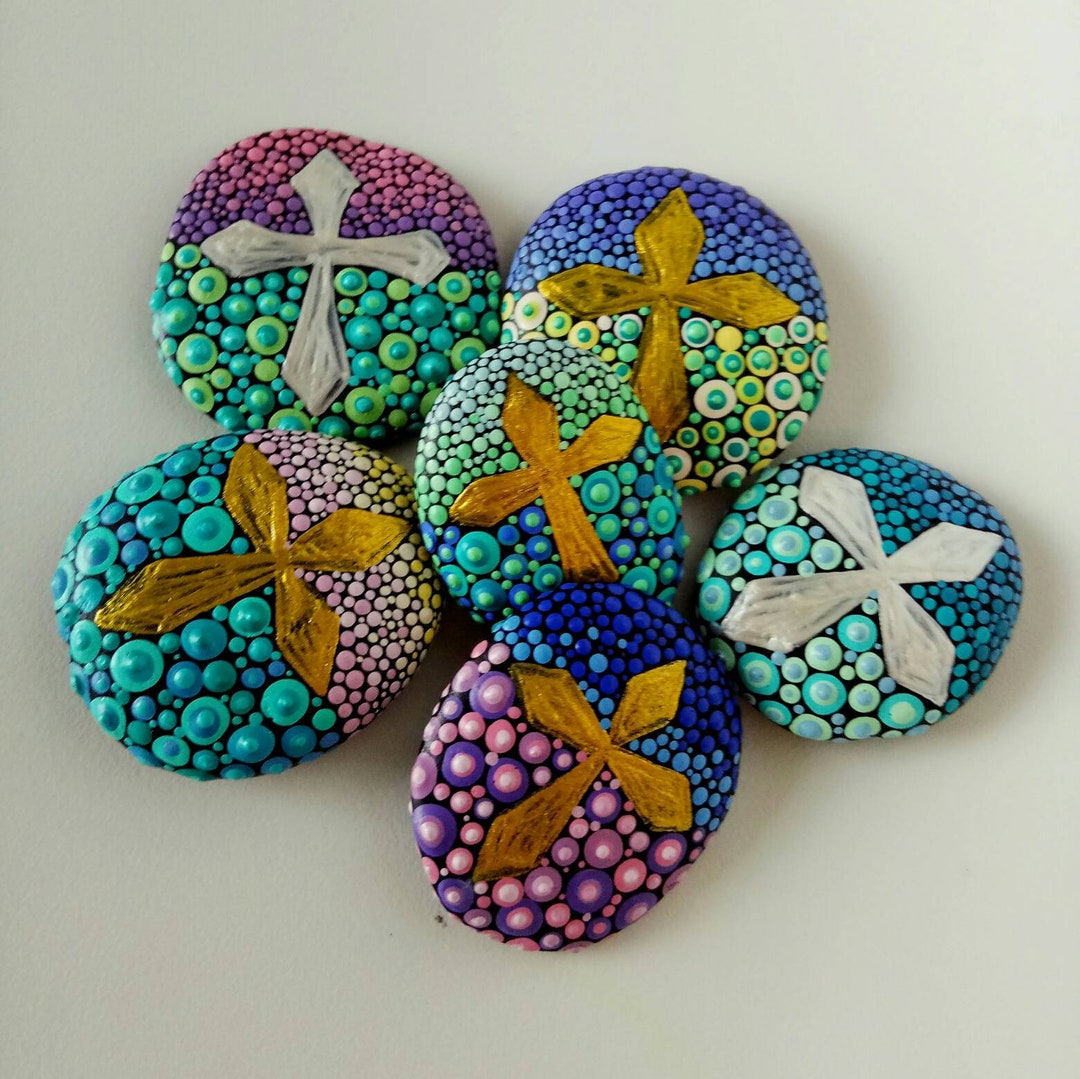 Cross Symbol on Mini Dot Art Painted Stone, Cross Symbol Painted Rock ...
