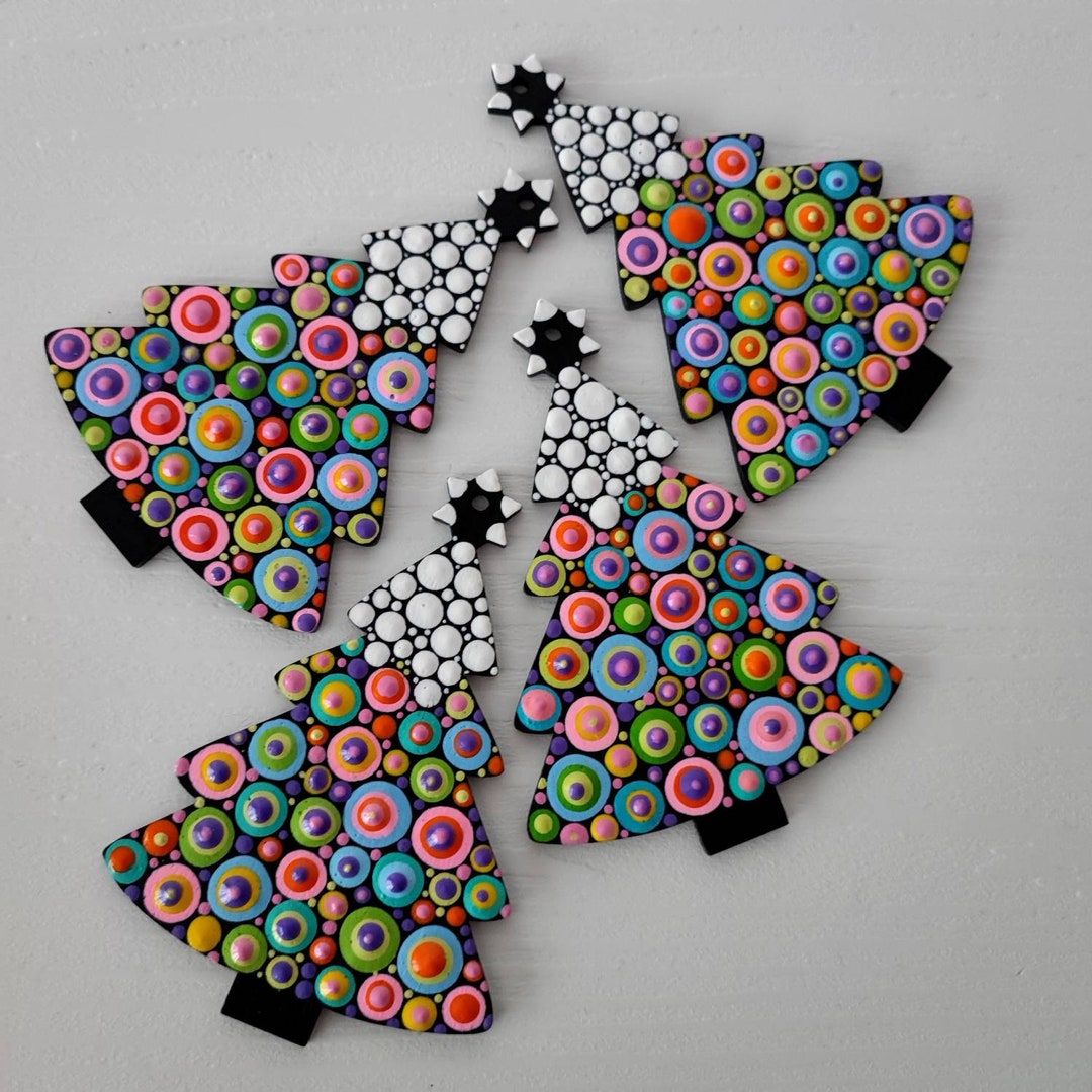 Set of 4 Colorful Christmas Tree Ornaments on Wood in Shape of a Tree ...
