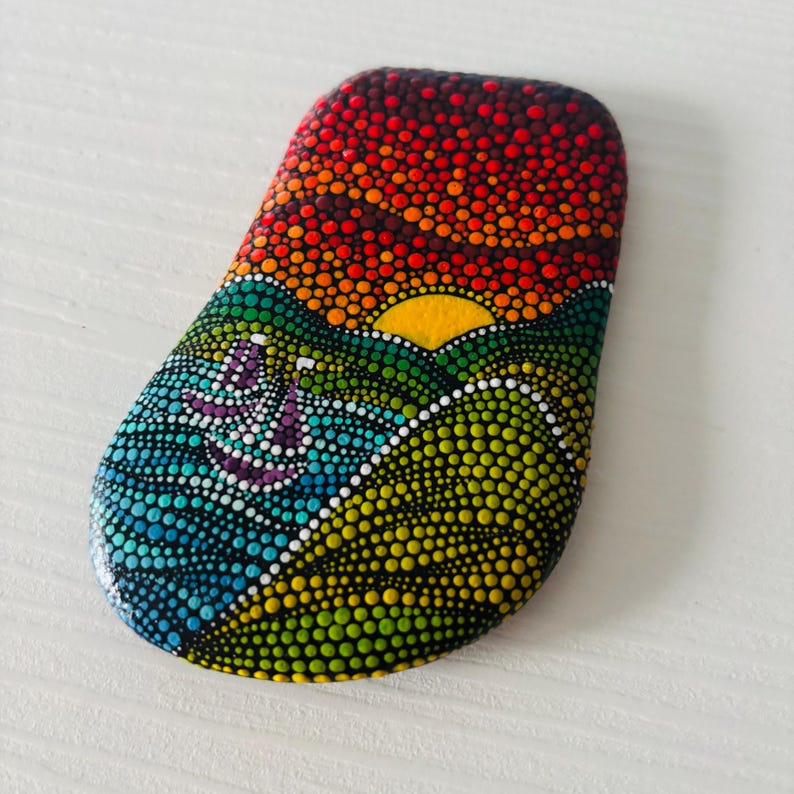 Hand-painted Stone of Red Night Sky With Mountains and Sea Scene ...