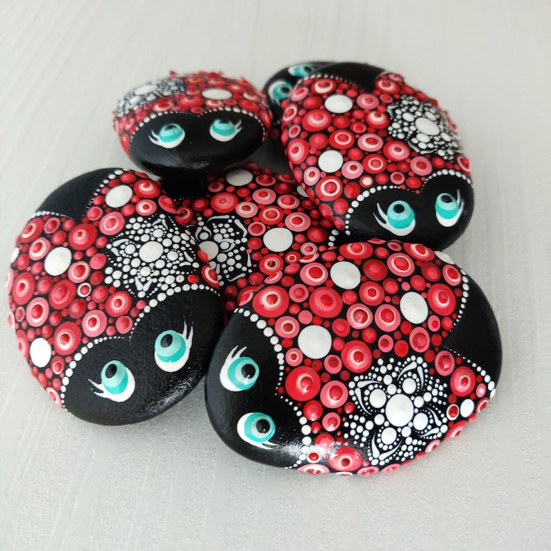 Set of 2 Christmas Snowflake Red Ladybug Painted Stone Fairy | Etsy