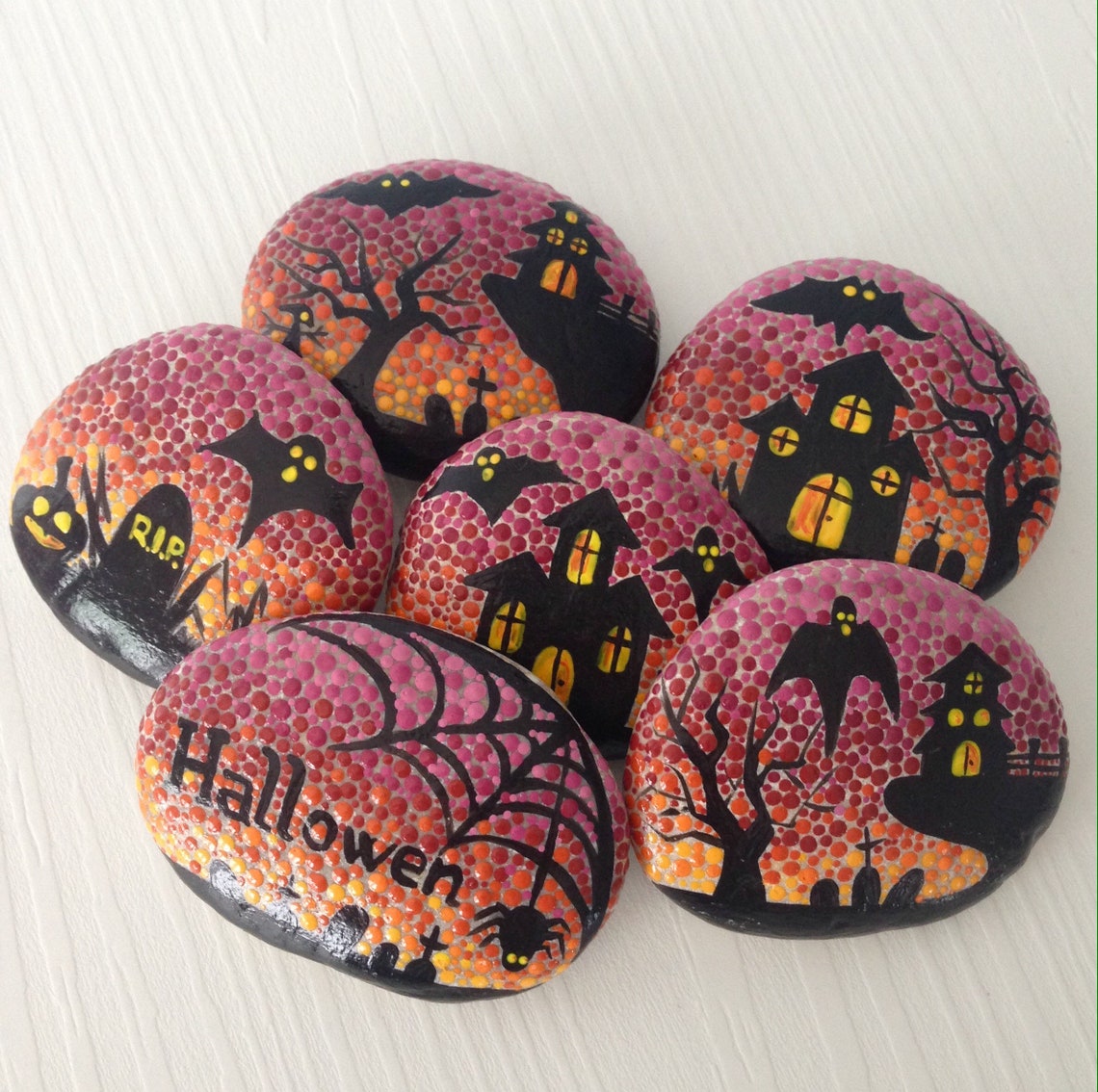 Halloween Stone Dot Art Halloween Painted Rock Fairy Garden | Etsy