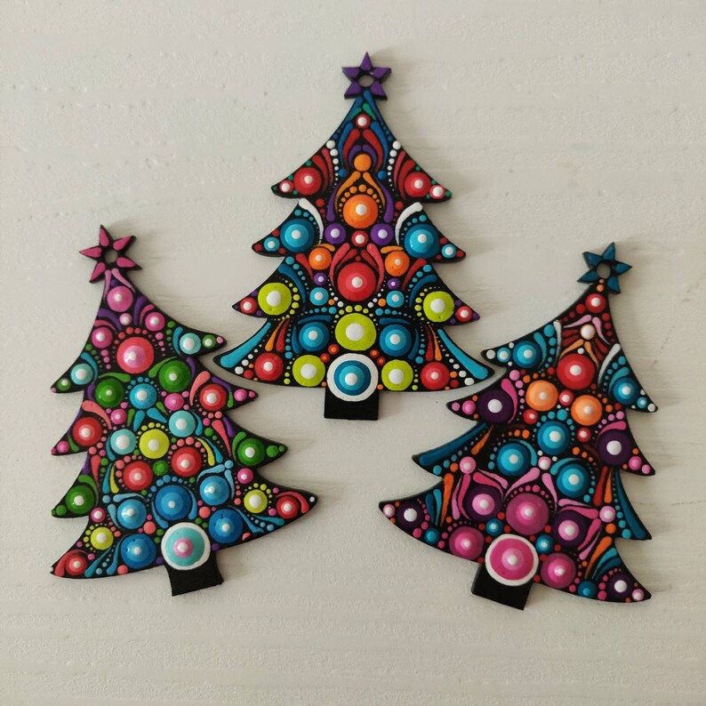 Set of 3 Colorful Christmas Tree Ornaments on Wood in Shape of a Tree ...