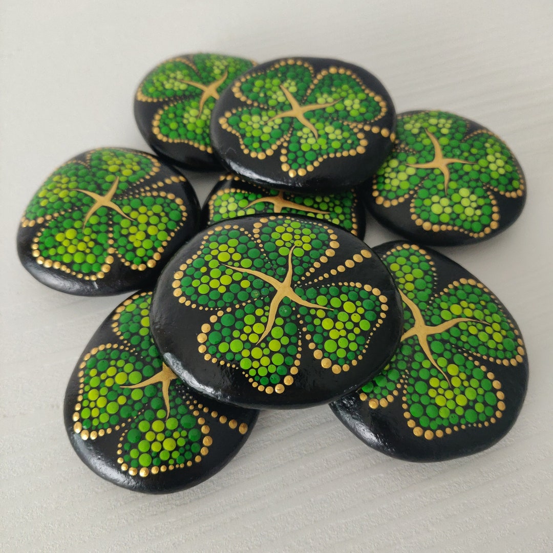 SET OF 4 - Lucky Clovers on a Stone, Clover Leaf on a Rock, Dotart ...