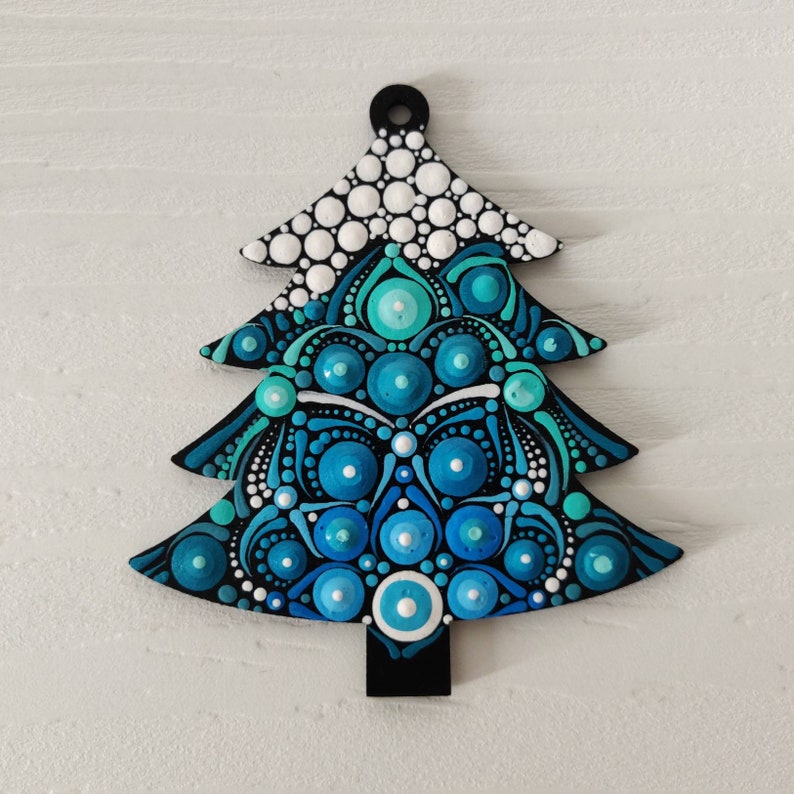 Set of three blue Christmas tree ornaments on wood in shape of | Etsy