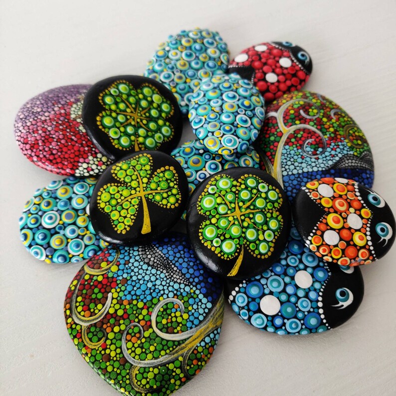 Set of 3 Blue Polka Dot Stones Dotart Painted Rock - Etsy
