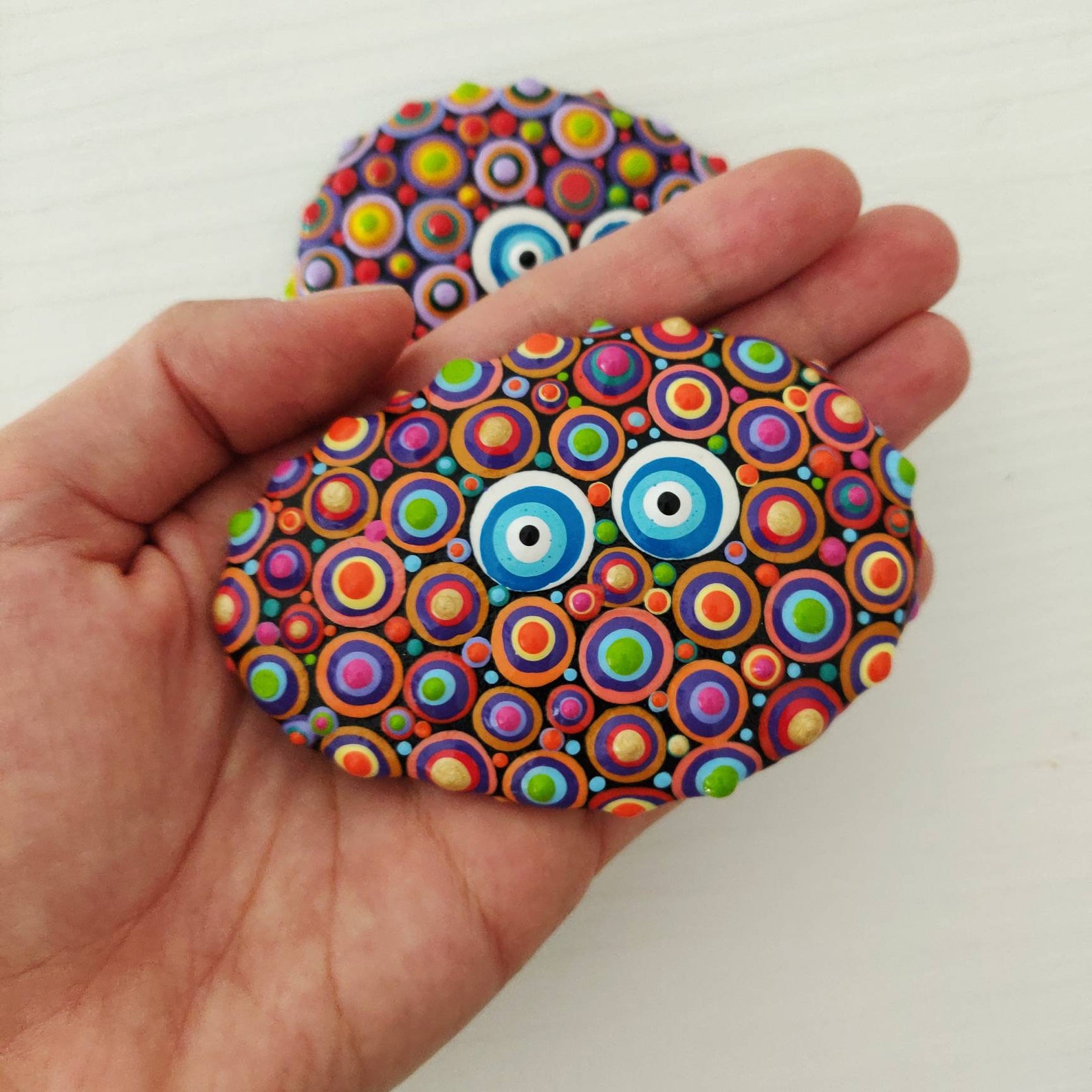 SET OF 2 Rocks, Painted Eyes on Natural Stone, Kids Gift, Fairy Garden ...