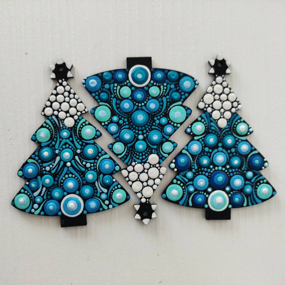 Set of Three Blue Christmas Tree Ornaments on Wood in Shape of - Etsy
