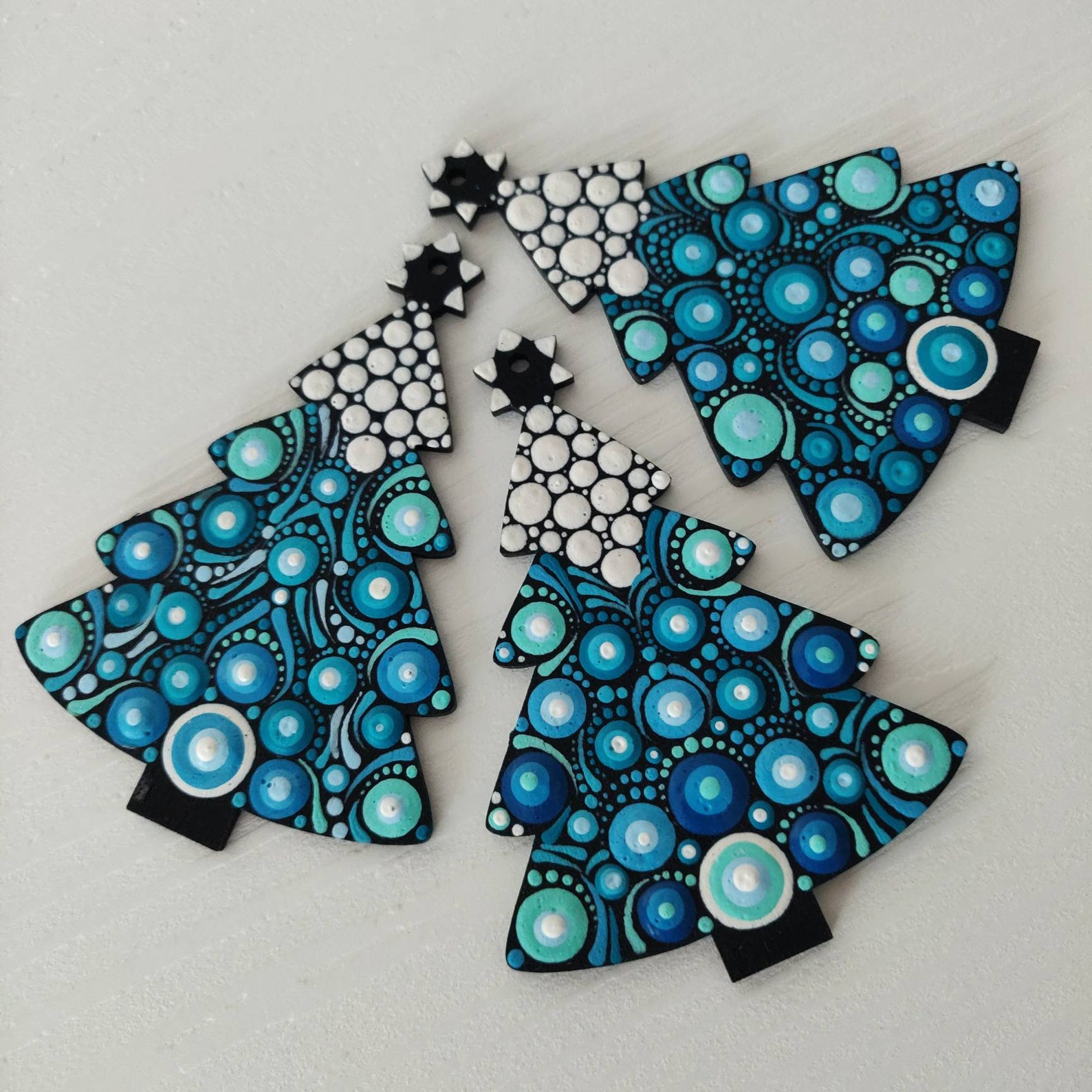 Set of Three Blue Christmas Tree Ornaments on Wood in Shape of | Etsy