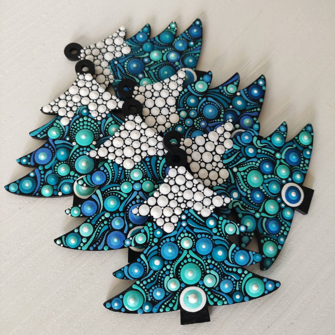 Set of Three Blue Christmas Tree Ornaments on Wood in Shape of - Etsy