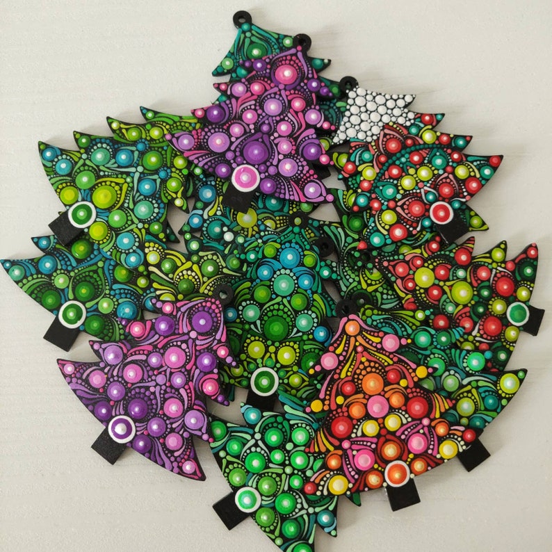 Set of 3 Colorful Christmas Tree Ornaments on Wood in Shape of a Tree ...