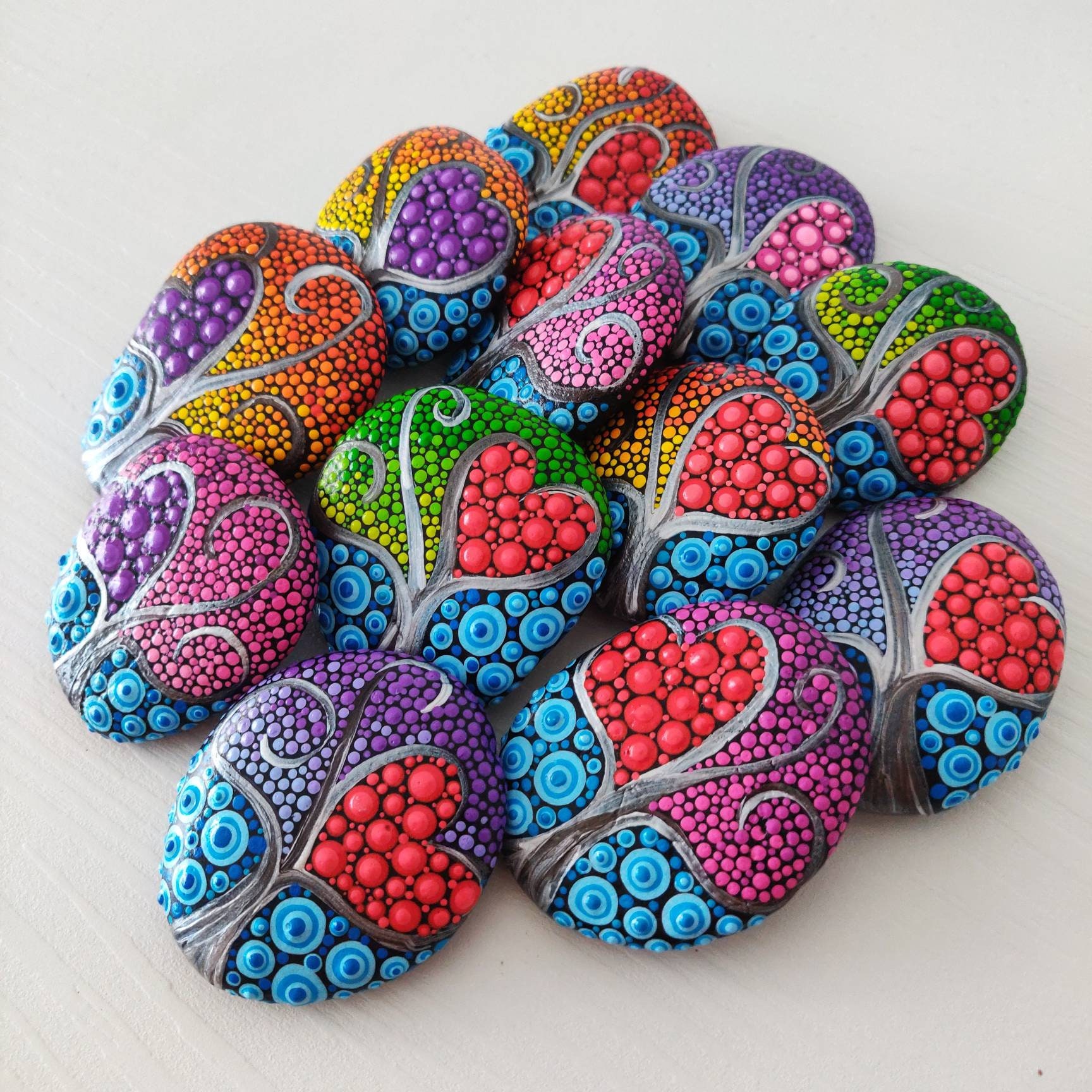 SET of 2 Mini Tree of Life Rocks, Dot Art Painted Stone, Friends Charm ...
