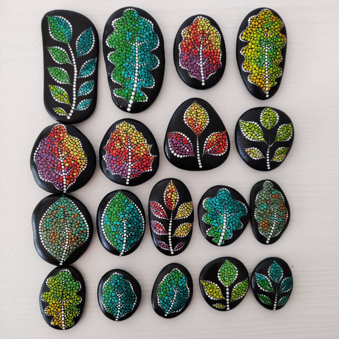 SET OF 4 - Dot Art Leaves on a Stone, Leaf on a Rock, Dotart Leaf ...