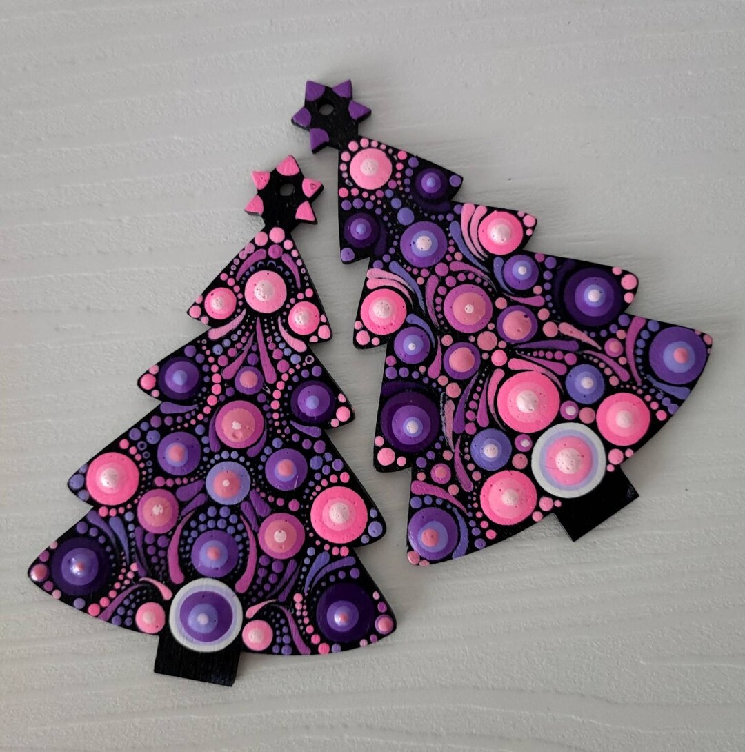 Set of 2 Purple Christmas Tree Ornaments on Wood in Shape of a Tree ...