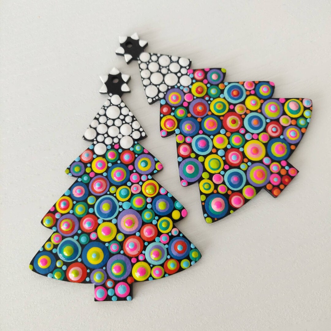 Set of 2 Colorful Christmas Tree Ornaments on Wood in Shape of a Tree ...