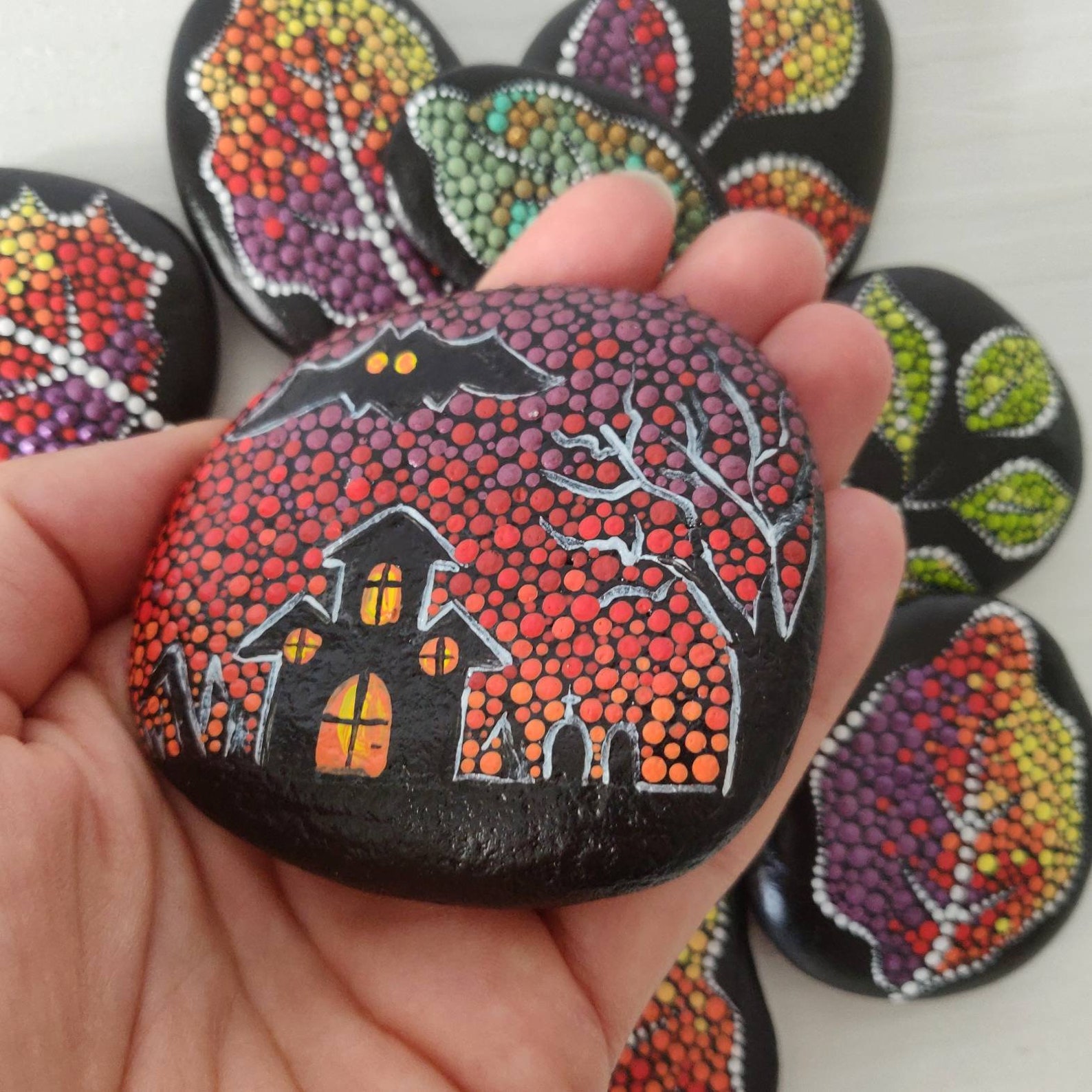 Halloween Stone Dot Art Halloween Painted Rock Fairy Garden | Etsy