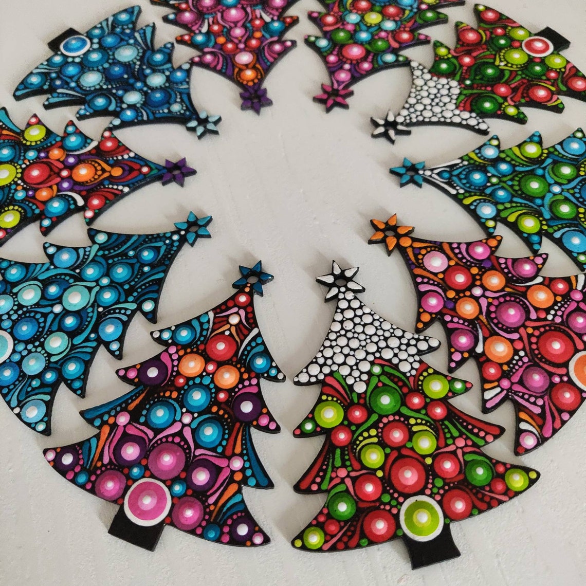 Set of 3 Colorful Christmas Tree Ornaments on Wood in Shape of - Etsy