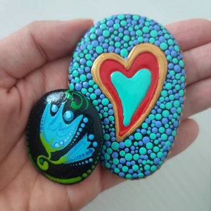 Set of Two Rocks, Heart and a Flower Stone, Love Gift, Fairy Garden ...
