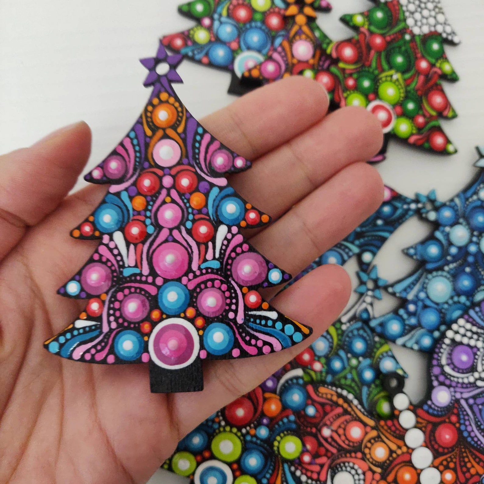 Custom Christmas Tree Ornaments on Wood in Shape of a Tree, Mandala on ...