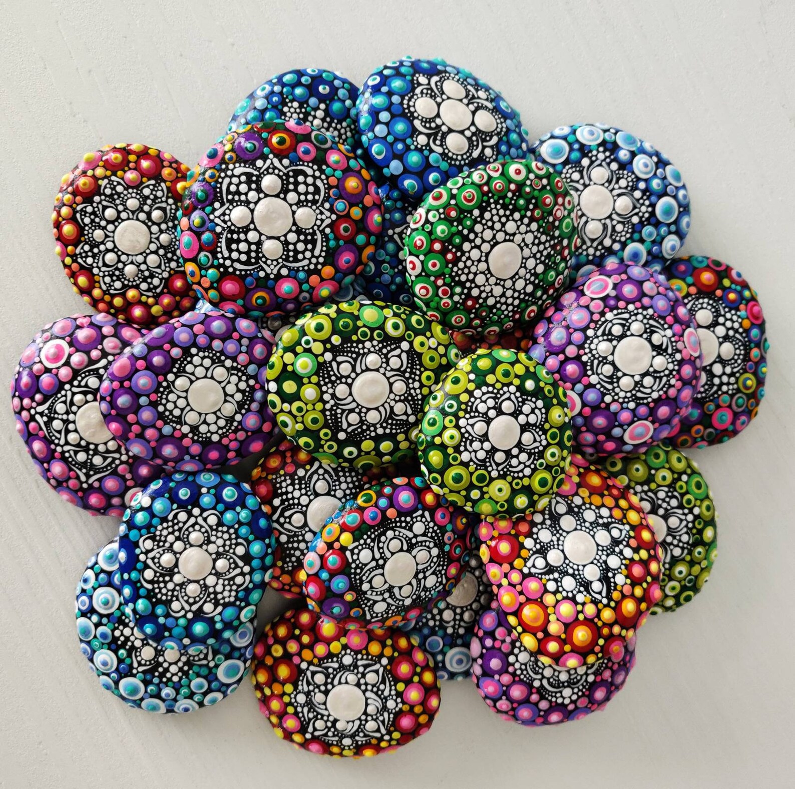 Set of 3 Snowflake Mandalas Painted on Colorful Polkadot | Etsy