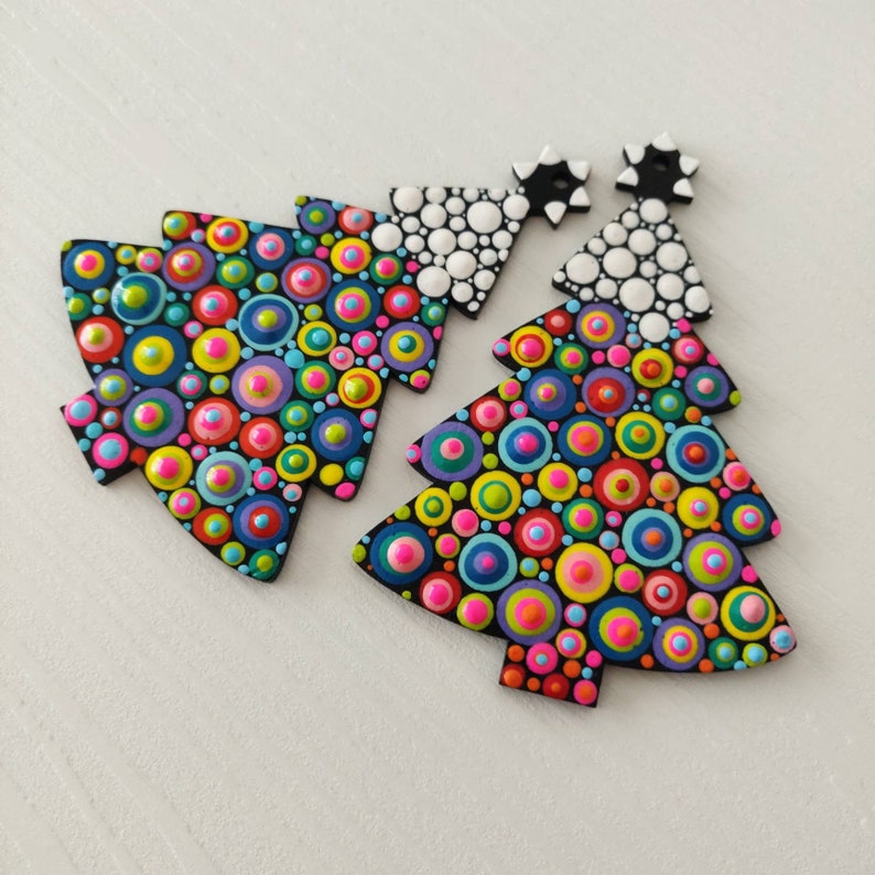Set of 2 Colorful Christmas Tree Ornaments on Wood in Shape of - Etsy