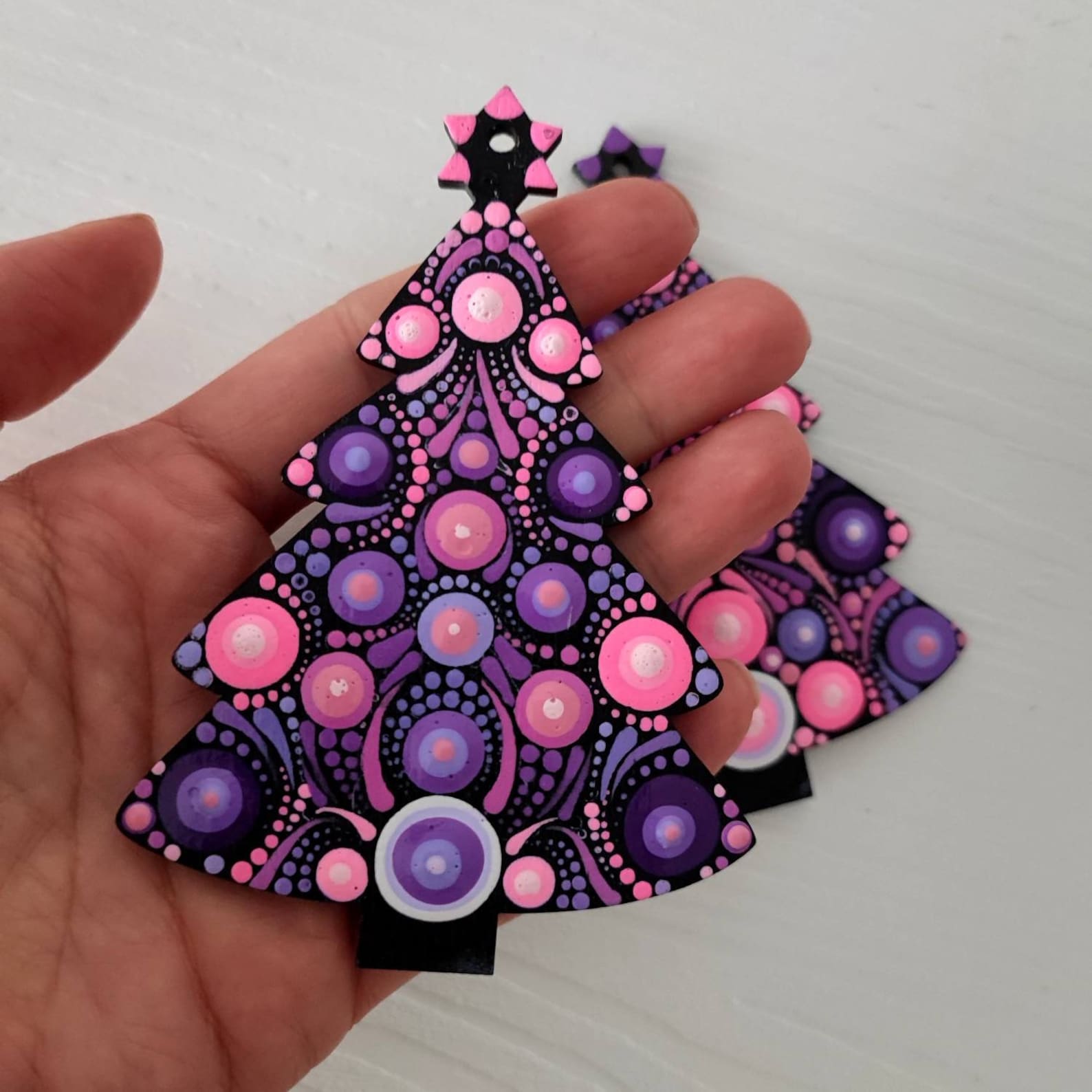 Set of 2 Purple Christmas Tree Ornaments on Wood in Shape of a - Etsy