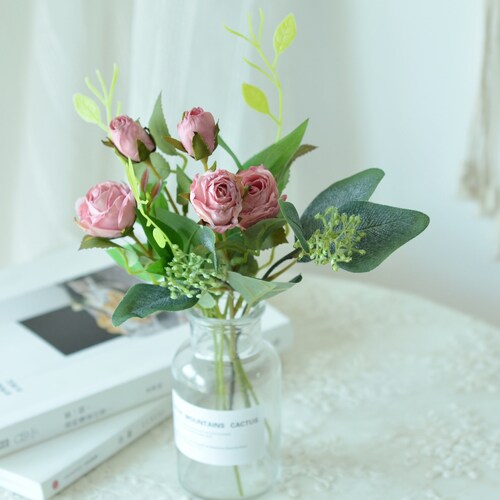 Silk Flower Arrangement in Small Glass Vase Pink Rose Floral - Etsy