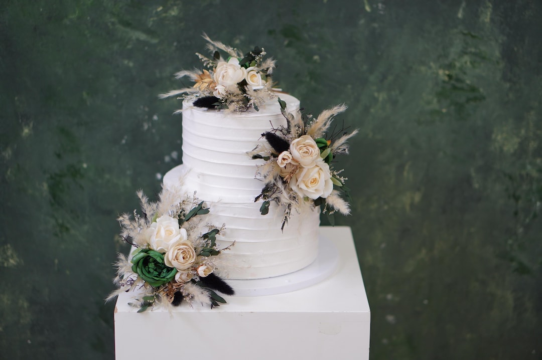 Emerald Green Floral Wedding Cake Topper: Silk Rose & Pampas Grass Set ...