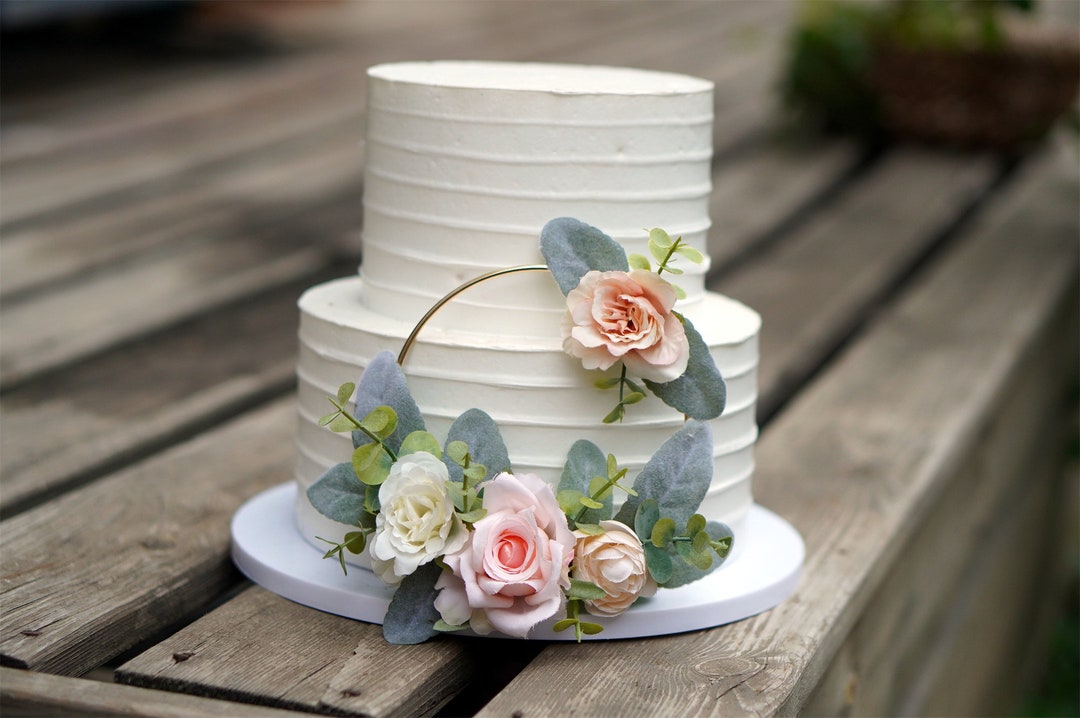 Silk Flowers Cake Topper, Pink &green Artificial Flowers Cake Topper ...