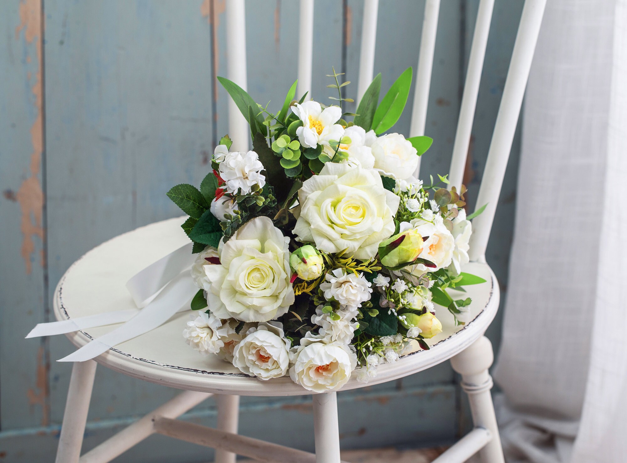 White Green Silk Rose Greenery Bridal Bouquetwedding Bouquet - Etsy