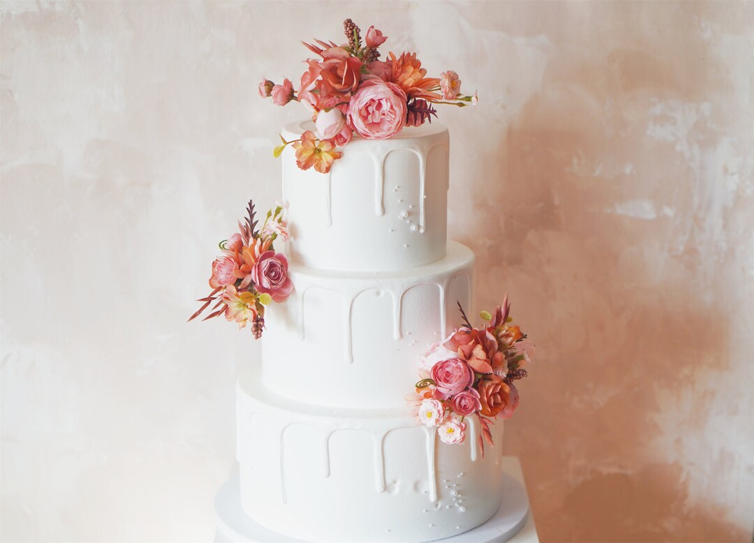 Set of Three Wedding Cake Topper, Pink Silk Flowers, Artificial Flowers ...