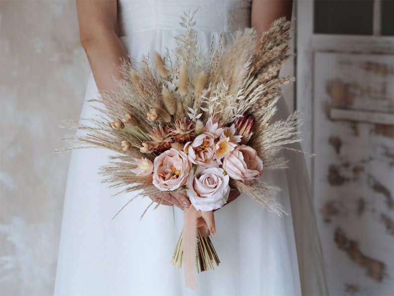 Bridal Bouquet Pampas Gras Boho Wedding Bouquet Bridesmaid - Etsy