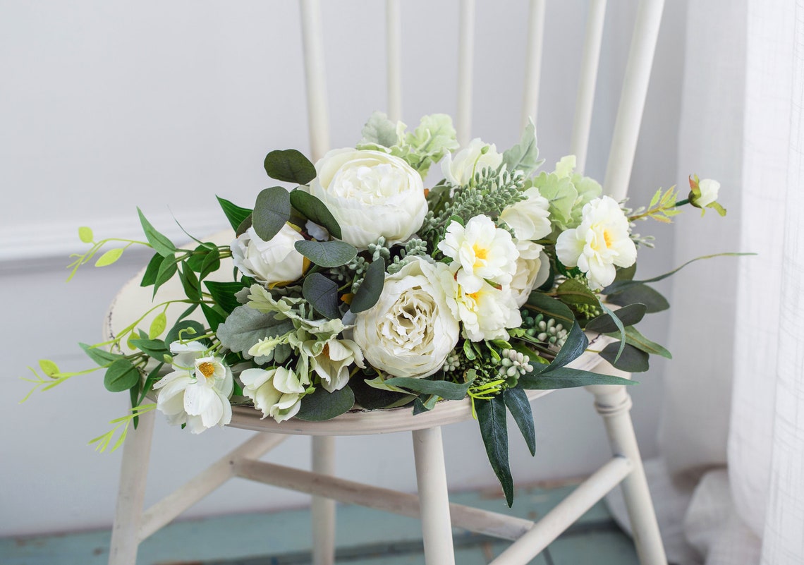 White Green Silk Rose Greenery Bridal Bouquetwedding Bouquet - Etsy
