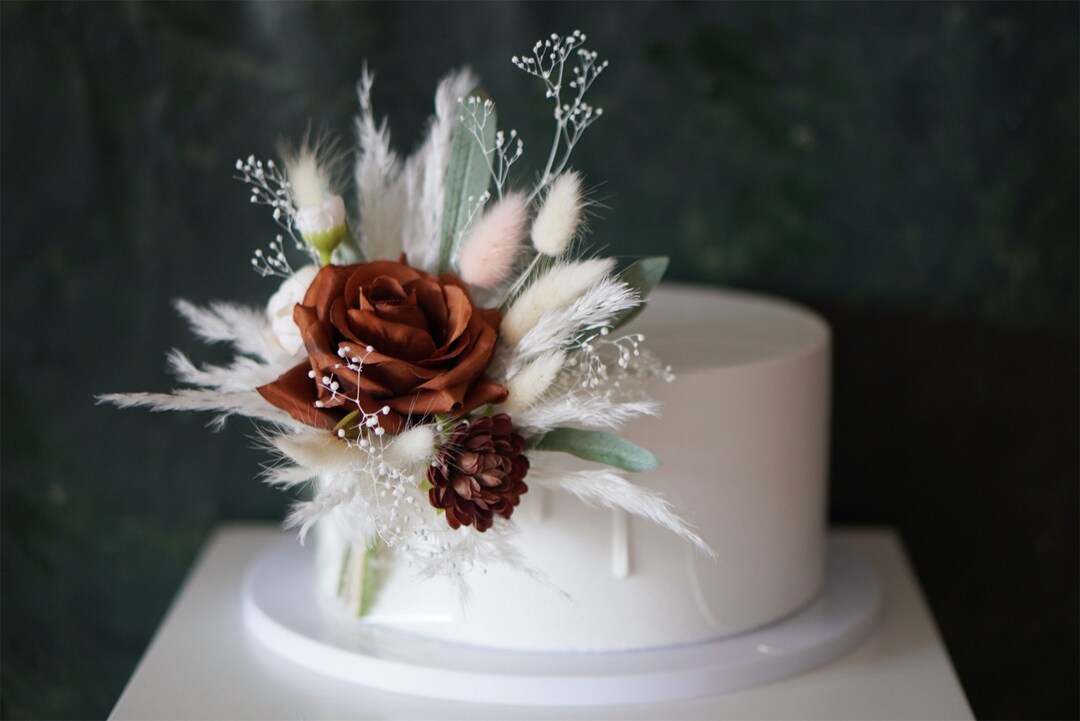 Wedding Cake Topper, Terracotta Roses Babysbreath, Hare's-tail,floral ...
