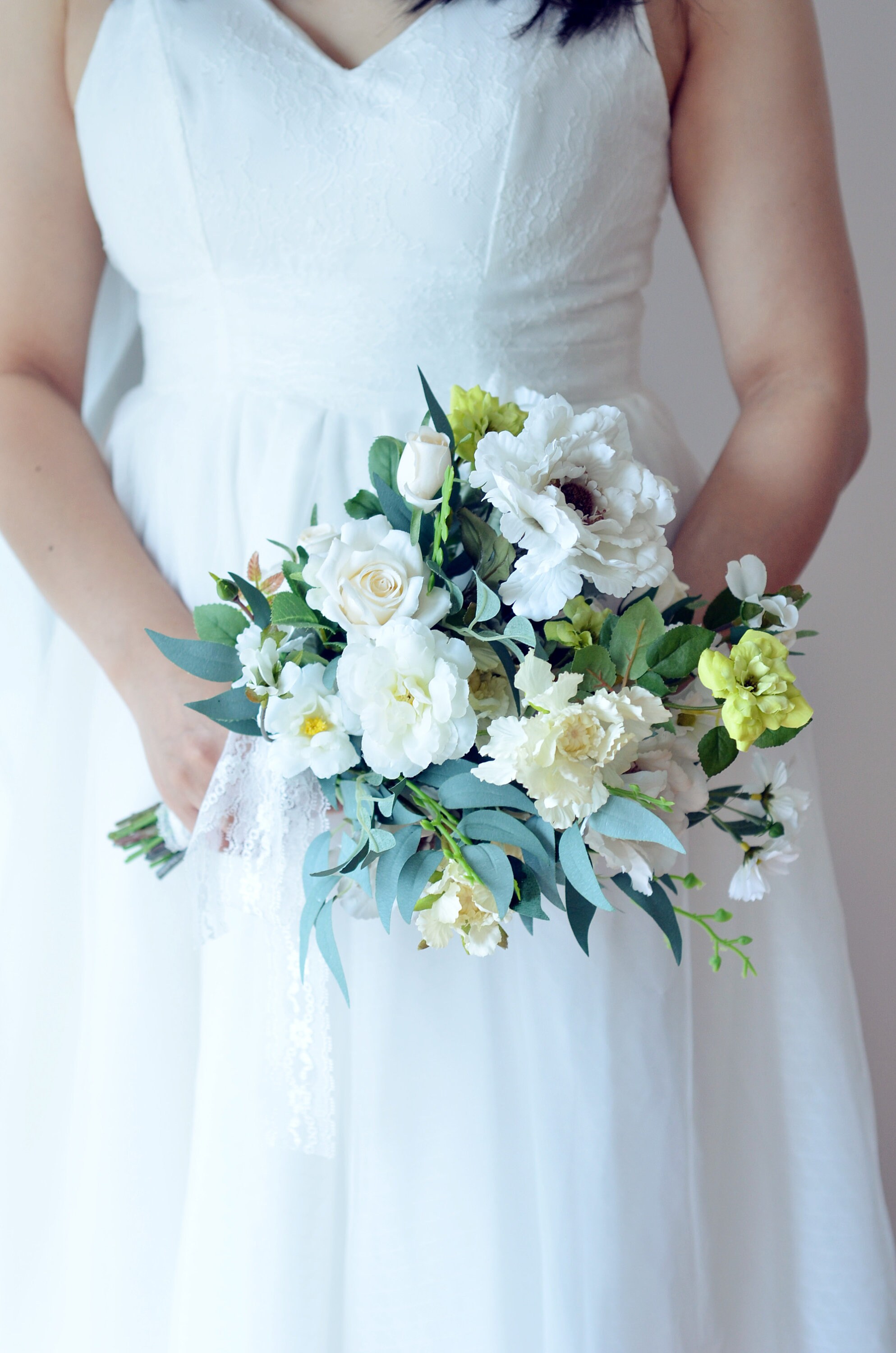 White Green Silk Rose Greenery Bridal Bouquetwedding Bouquet | Etsy