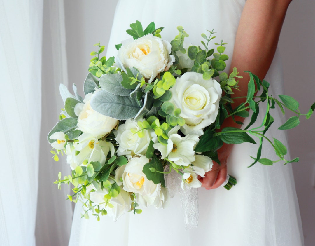 White Green Silk Rose Greenery Bridal Bouquet,wedding Bouquet, Wedding ...