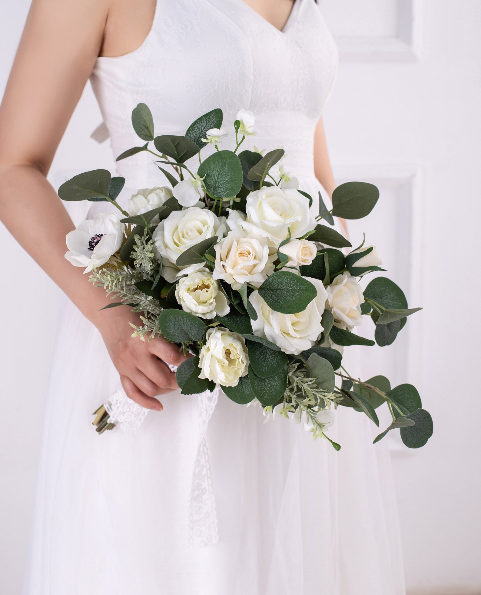 White Green Silk Rose Greenery Bridal Bouquetwedding Bouquet | Etsy