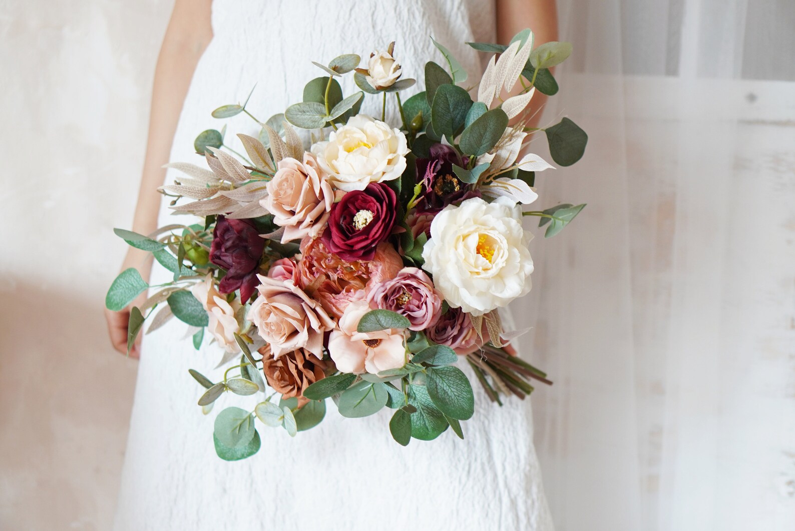 Rust Burgundy Champagne Silk Rose Greenery Bridal Bouquet,wedding ...