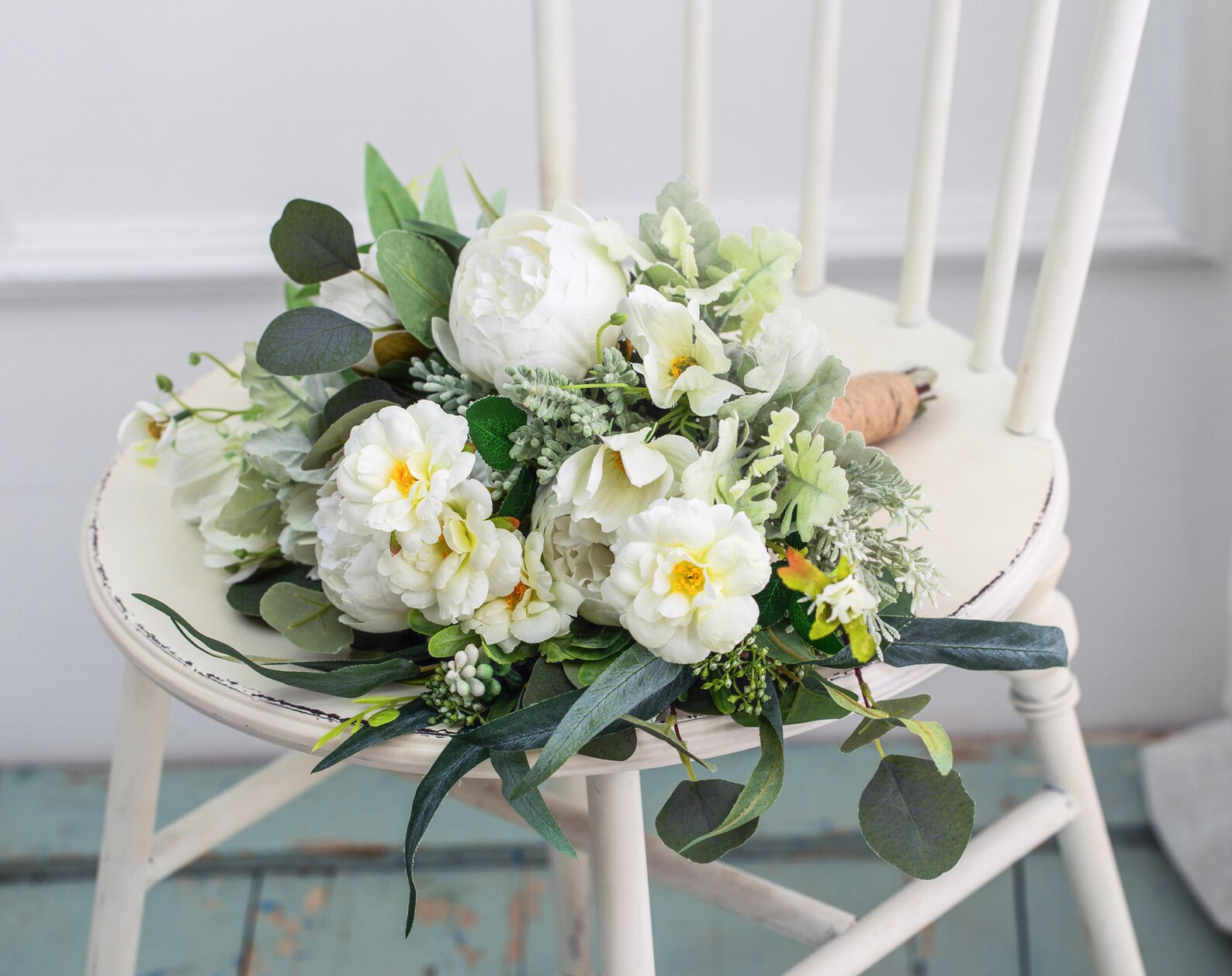 White Green Silk Rose Greenery Bridal Bouquetwedding Bouquet | Etsy