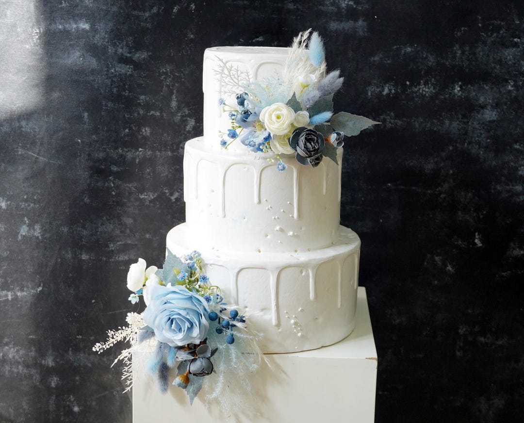 Blue Floral Wedding Cake Topper Set: Silk & Dried Flowers - Etsy
