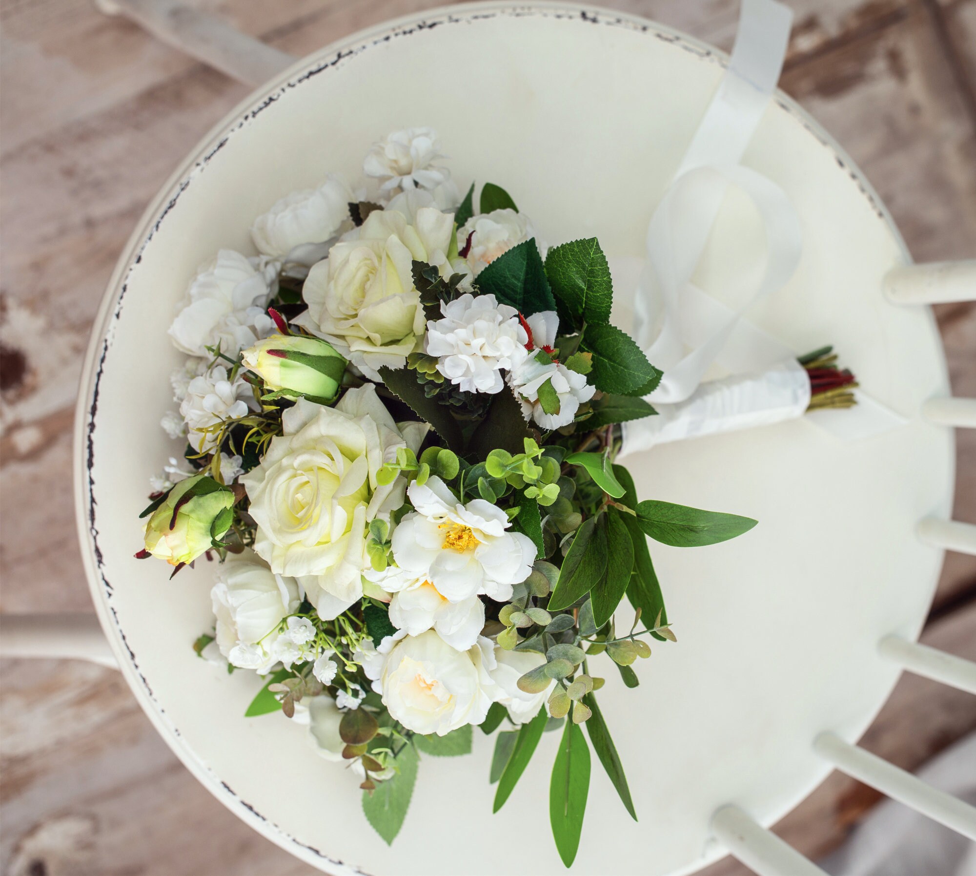 White Green Silk Rose Greenery Bridal Bouquetwedding Bouquet - Etsy