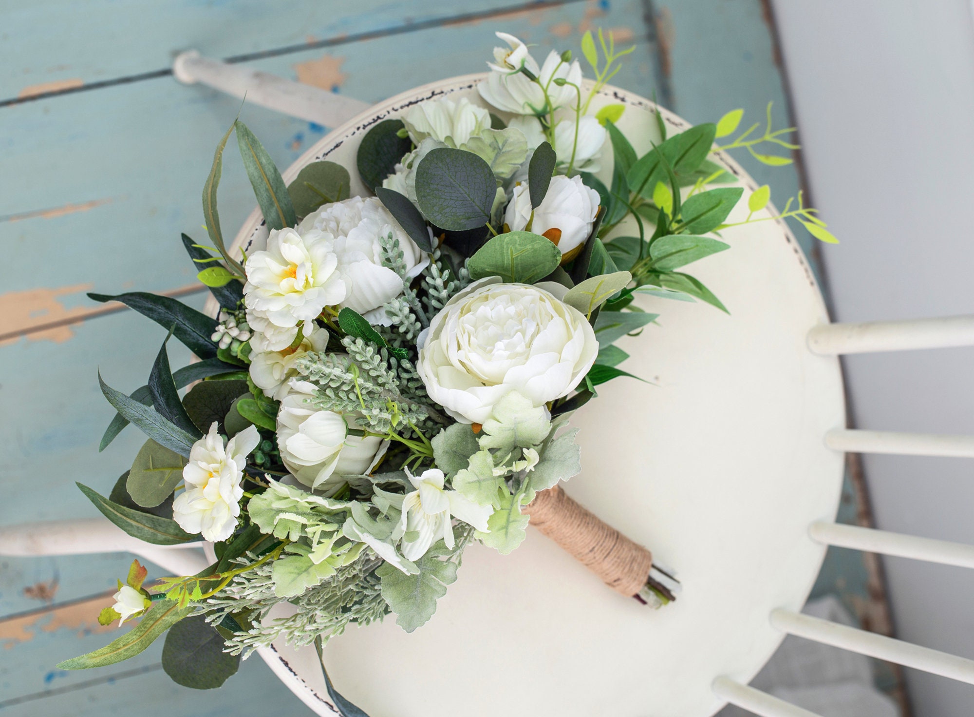 White Green Silk Rose Greenery Bridal Bouquetwedding Bouquet | Etsy