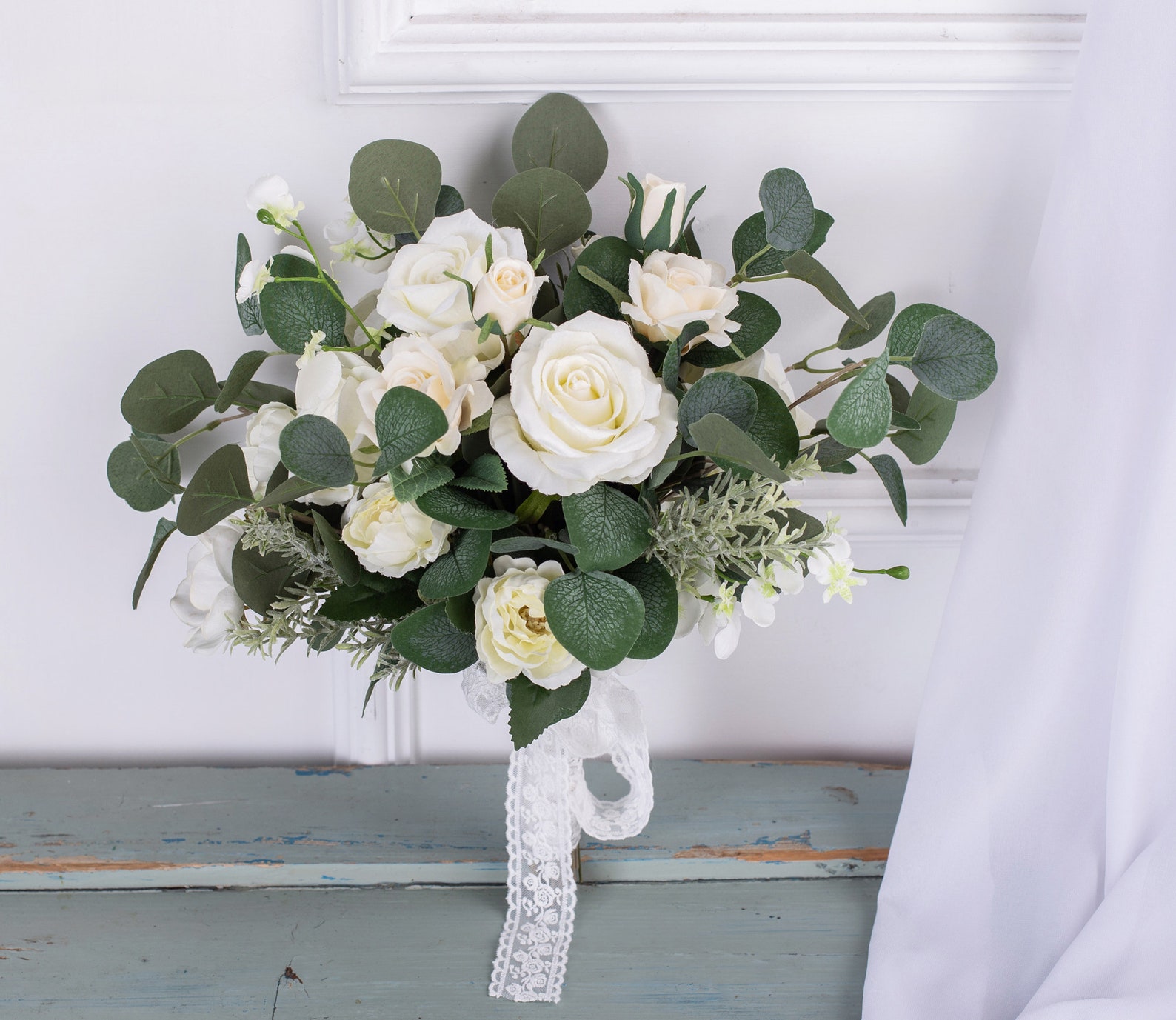 White Green Silk Rose Greenery Bridal Bouquetwedding Bouquet | Etsy