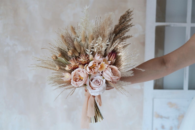 Bridal Bouquet Pampas Gras Boho Wedding Bouquet Bridesmaid - Etsy