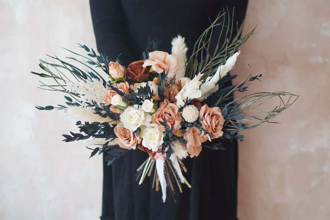Wabi-sabi Style Bouquet, Grey Pink Flowers, Green Eucalyptus, Bridal ...