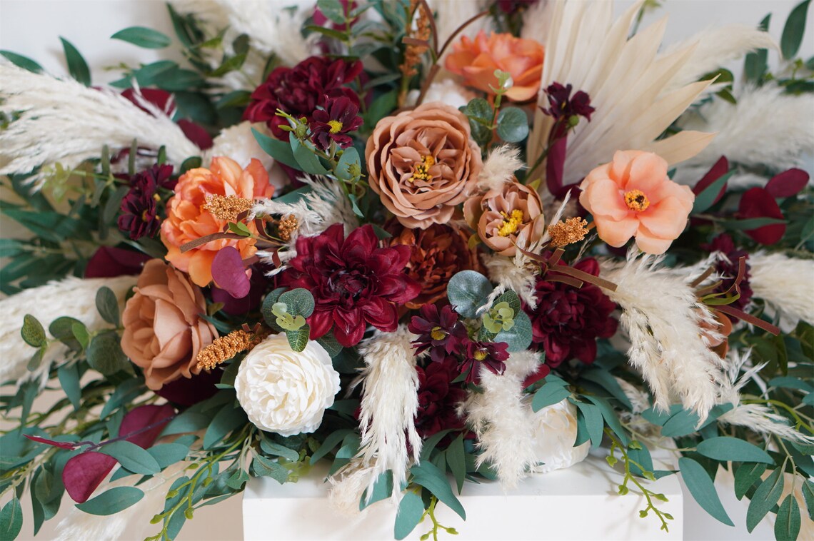 Burgundy Floral Arch Arrangement: Boho Wedding Decor (85cm X 55cm) - Etsy