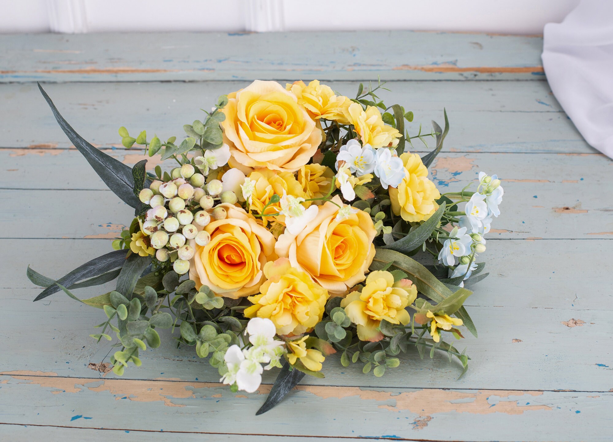 Yellow White Silk Rose Greenery Bridal Bouquetwedding - Etsy