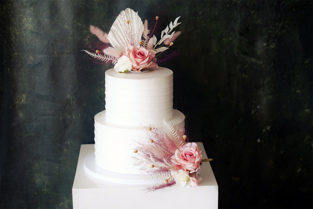 A Set Wedding Cake Topper, White Fan & Pink Flowers Cake Decoration ...