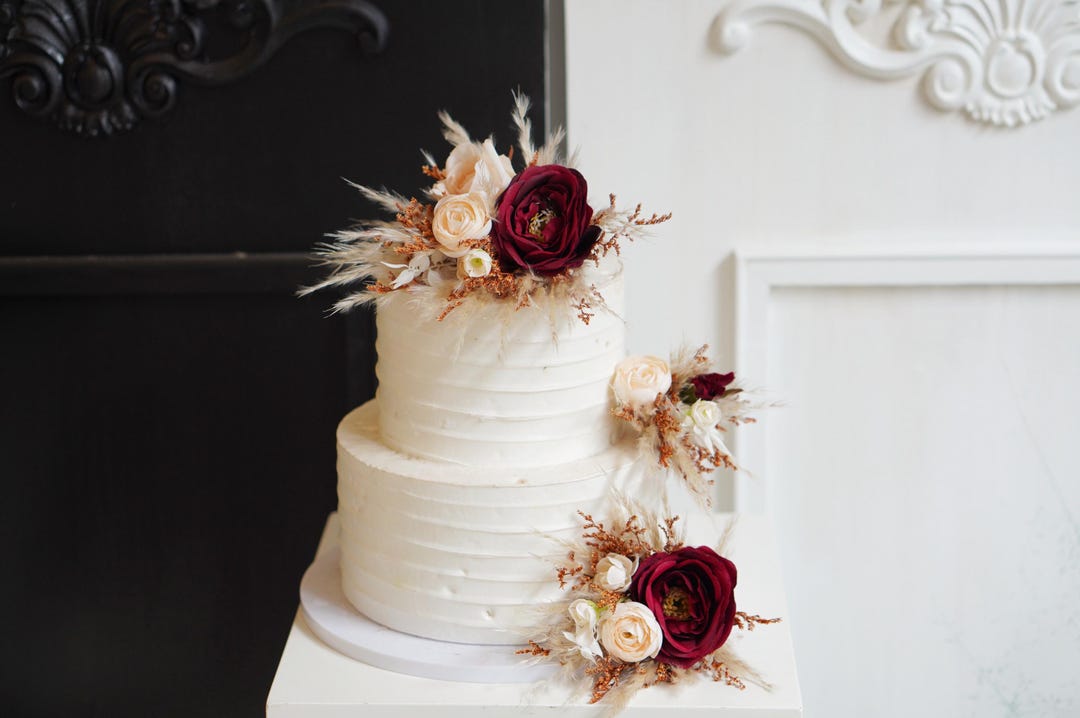 Floral Wedding Cake Topper Set: Silk Rose & Pampas Flowers - Etsy