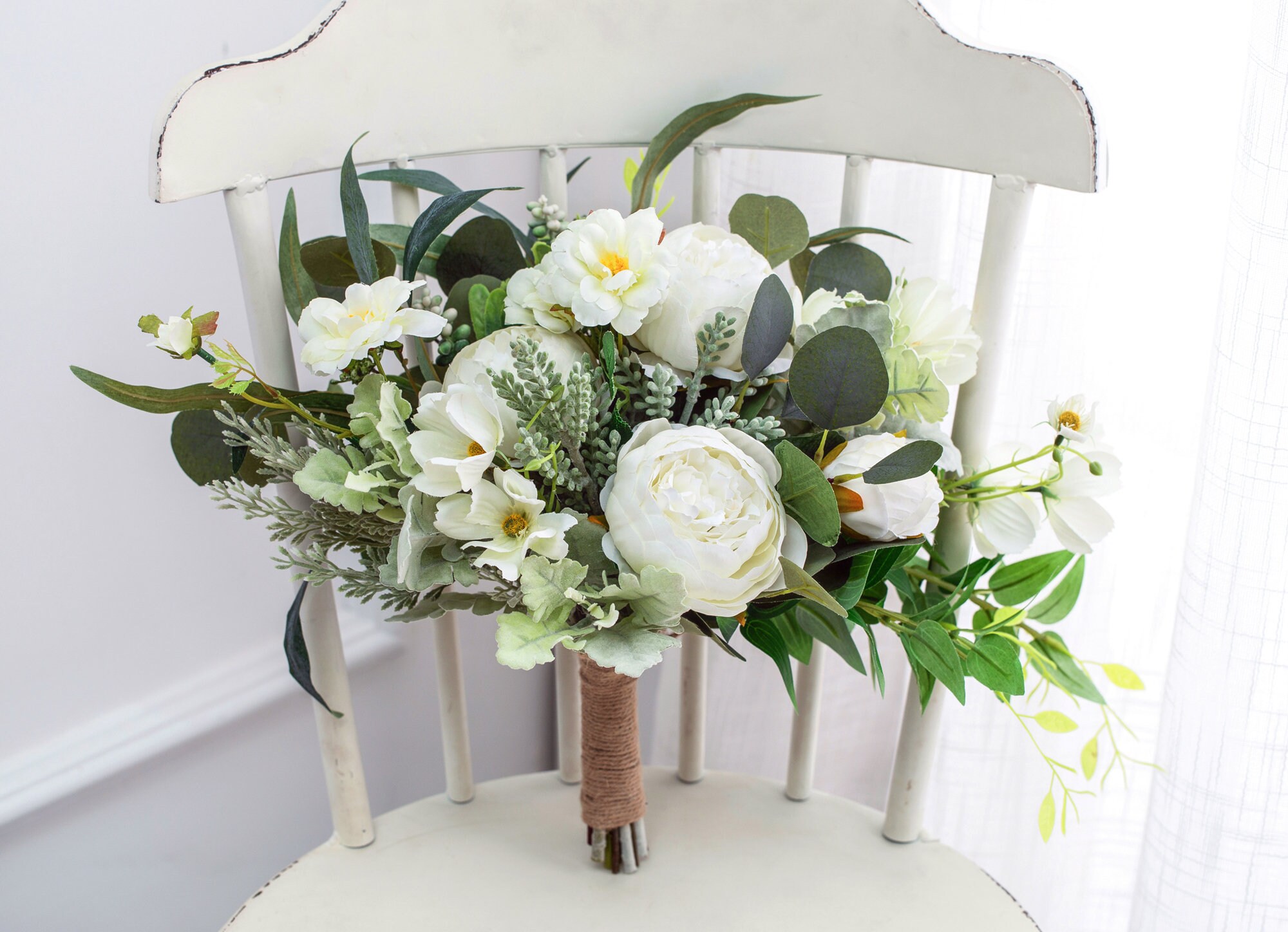 White Green Silk Rose Greenery Bridal Bouquetwedding Bouquet | Etsy