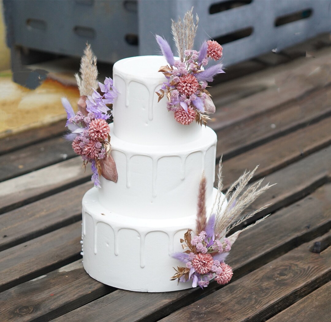 Set of 3 Wedding Cake Topper, Purple Floral Cake Decoration, Pampass ...